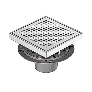 Neodrain 6-Inch Square Shower Drain with Removable Quadrato Pattern Grate,PVC Shower Drain Base and Rubber Gasket for Bathroom Floor Drain, Brushed 304 Stainless Steel, Includes Hair Strainer