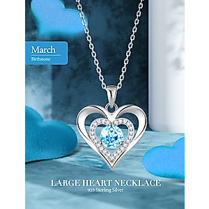 925 Sterling Silver Heart Necklace for Women Love Pendant Shiny Large Creat Aquamarine Birthstone Necklace Jewelry Valentine's Day Birthday Mothers Day Gifts for Mom Her Women Wife
