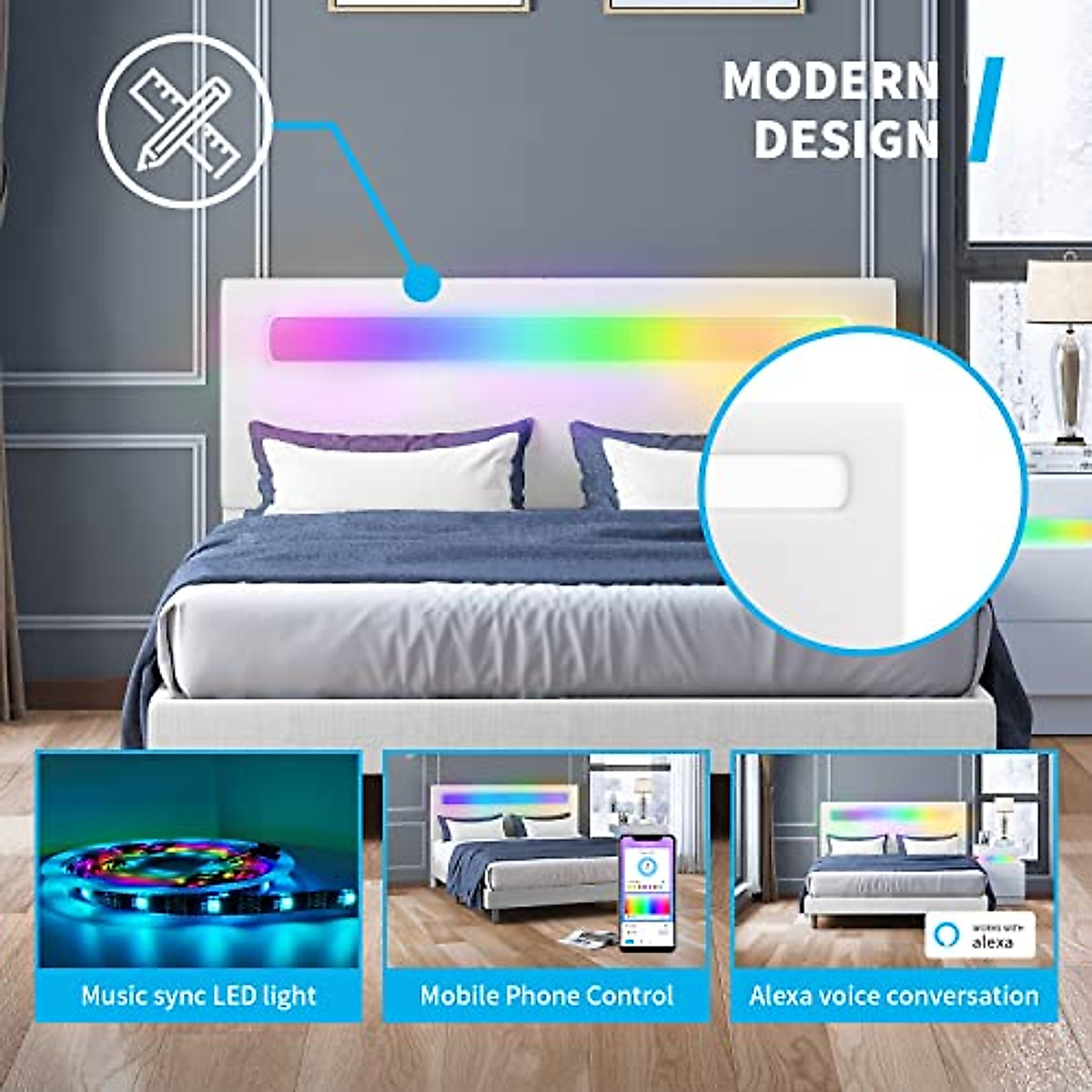 Mjkone Platform Bed Frame with Smart RGB LED Light Bar, Full Size Bed Frame with Headboard, Works with Alexa or Apps, Upholstered Bed Frames Adjustable Lighting Effects/ No Mattress (Full, White)