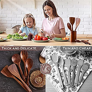 NAYAHOSE Wooden Spoons for Cooking, 6 Pcs Wooden Utensils for Cooking, Natural Teak Wood Non-Stick Cooking Spoons, Comfort Grip Wood Utensils Set for Kitchen