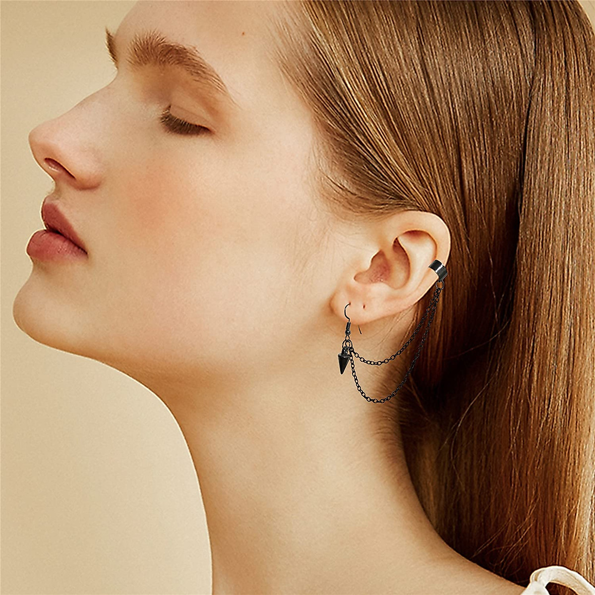 ANDPAI Unique Lightweight Black Silver Punk Long Tassel Chain Ear Cuff Earrings 316L Stainless Steel Vintage Barrel Nails Crawler Climer Dangle Drop Stud Earrings for Men Women Unisex (Black)