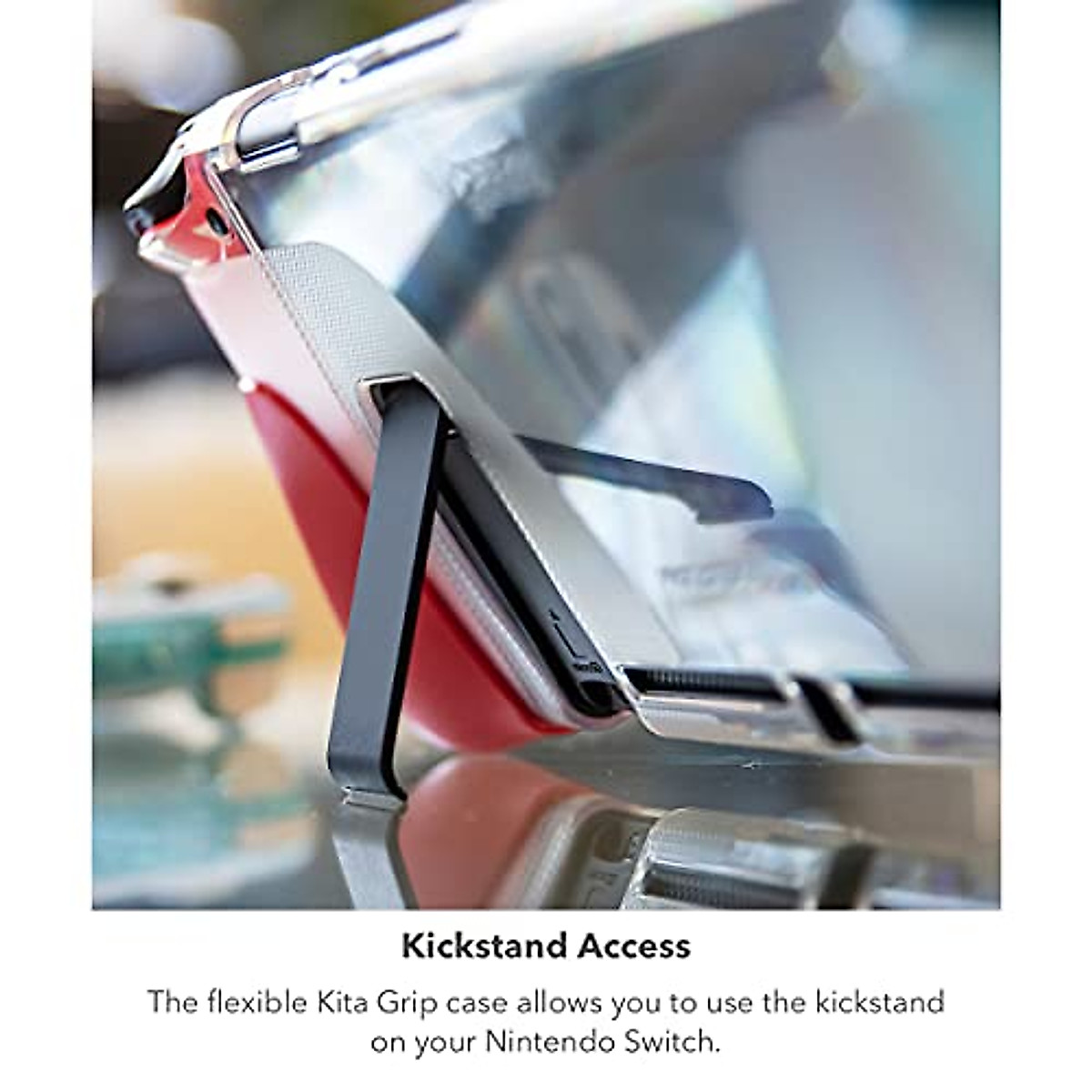 ZAGG Gear4 Kita Grip 360 Slim Case & Screen Protector for Nintendo Switch – Clear Protective Case, Red & Blue Grips, Kickstand, Dock Compatible, D3O Protection +Tempered Glass Screen Protector