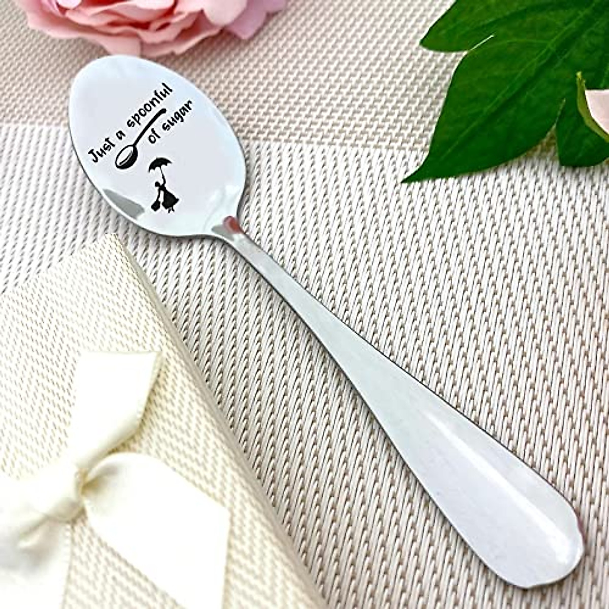 BIGEVENTS Just a Spoonful of Sugar Spoon Custom, Personalized, Gift, Present Coffee Lover Tea Lover Engraved Spoon Gift, Silver, 7 inches (A2)