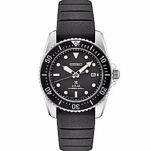 Seiko SNE573 Watch for Men - Prospex Collection - Solar Powered, Stainless Steel Case with Black Silicone Strap, Black Dial, and 200m Water Resistant