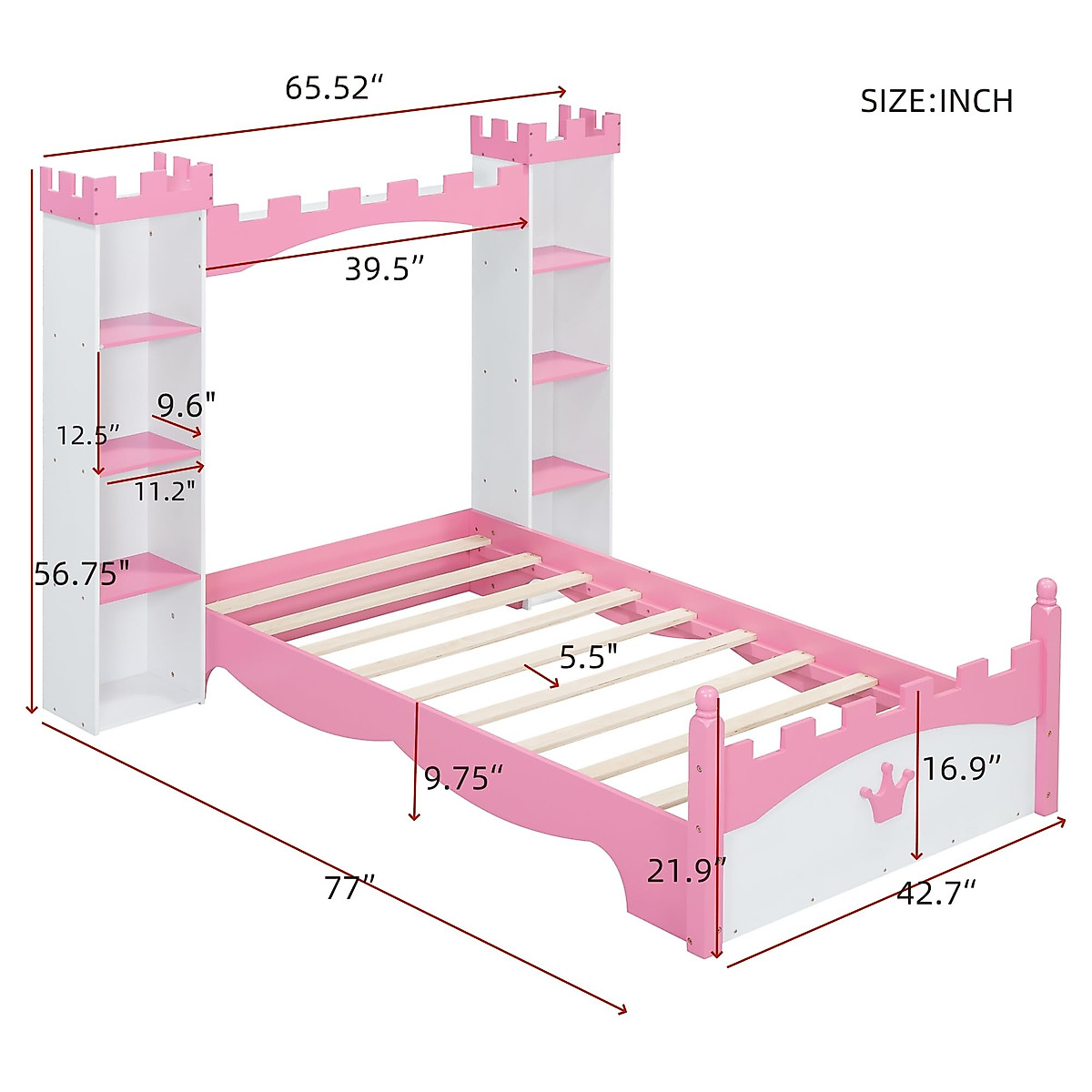 VilroCaz Castle-Shaped Wooden Platform Bed with Storage Shelf, Dreamy Twin Size Kids Platform Bed for Girls Boys Bedroom, Sturdy Slats Support (White+Pink Castle)