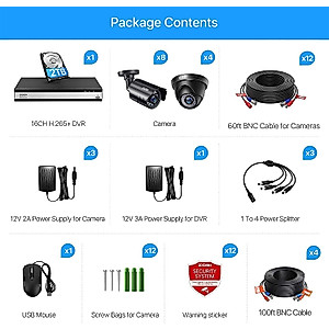 ZOSI 16CH 1080P Security Camera System with 2TB Hard Drive,H.265+ 16Channel 1080P HD-TVI DVR with 12PCS 1080P Outdoor Indoor Surveillance Cameras, and 4 Pack 100ft(30M) All-in-One Video Power Cables