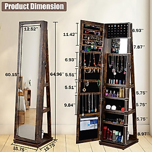 BOSTANA Jewelry Armoire 65" H, Full Length Mirror with Storage 360° Swivel, Lockable Standing Jewelry Cabinet Organizer with Storage Shelves Interior Mirror, Gift Idea, Brown