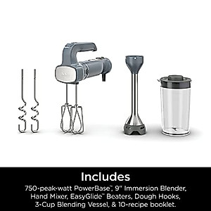 Ninja CI105BRN Foodi Power Mixer System, 750-Peak-Watt Immersion Blender and Hand Mixer, EasyGlide Beaters, Dough Hooks, 3-Cup Blending Vessel, Sea Salt Gray