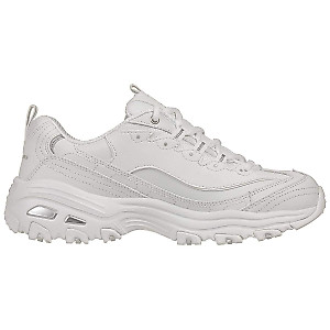 Skechers Women's D'Lites Memory Foam Lace-up Sneaker,White Silver,7.5 M US