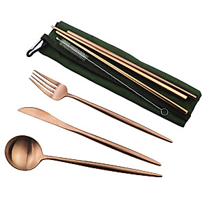 Gugrida Reusable Travel Utensils, 7 Piece Portable 304 Stainless Steel including Knife Fork Spoon Chopsticks Cleaning Brush Straws Portable Pouch, Eco-friendly Camping Silverware Set, Dishwasher Safe