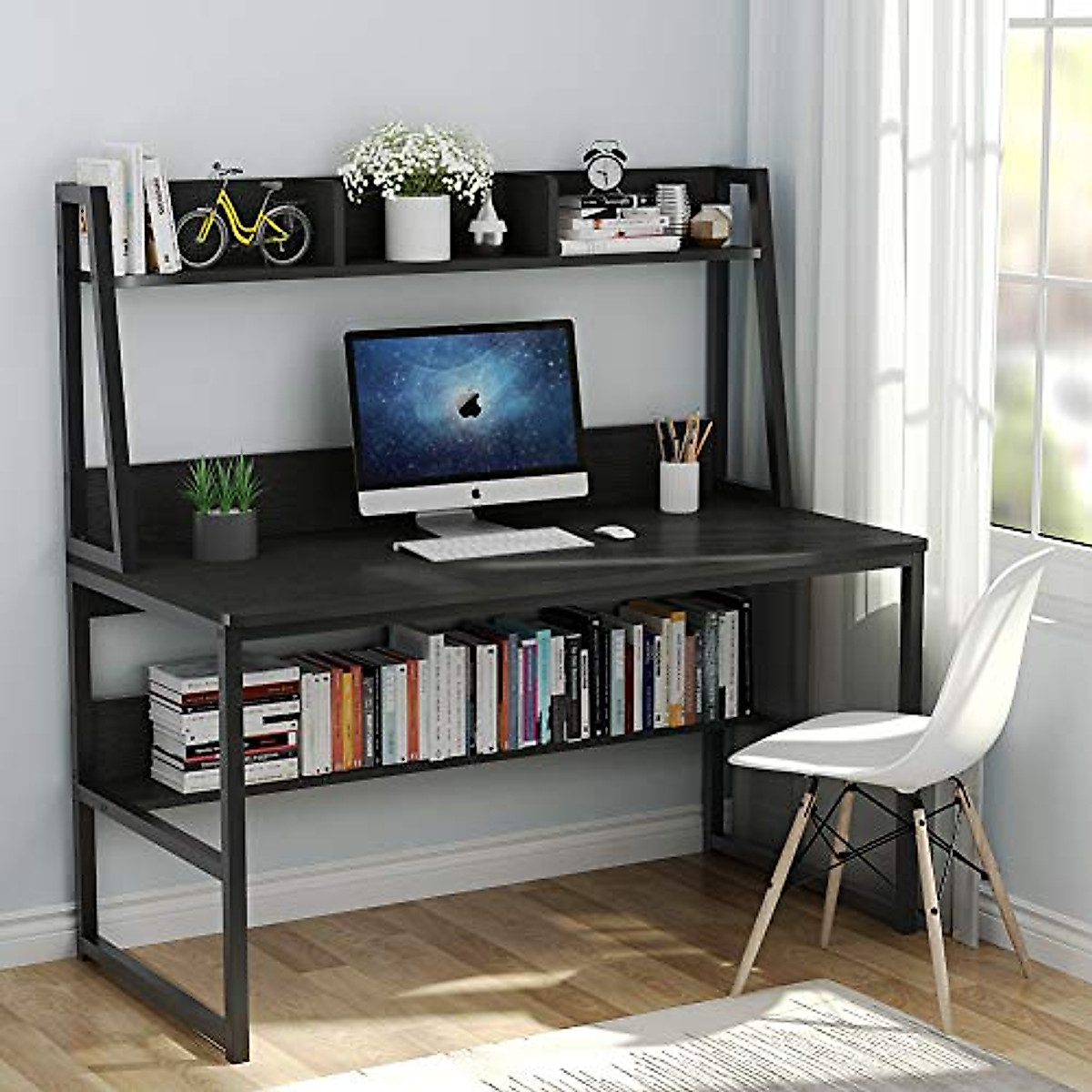 Tribesigns Computer Desk with Hutch,47 inches Home Office Desk with Space Saving Design with Bookshelf for Small Spaces (Black, 47)