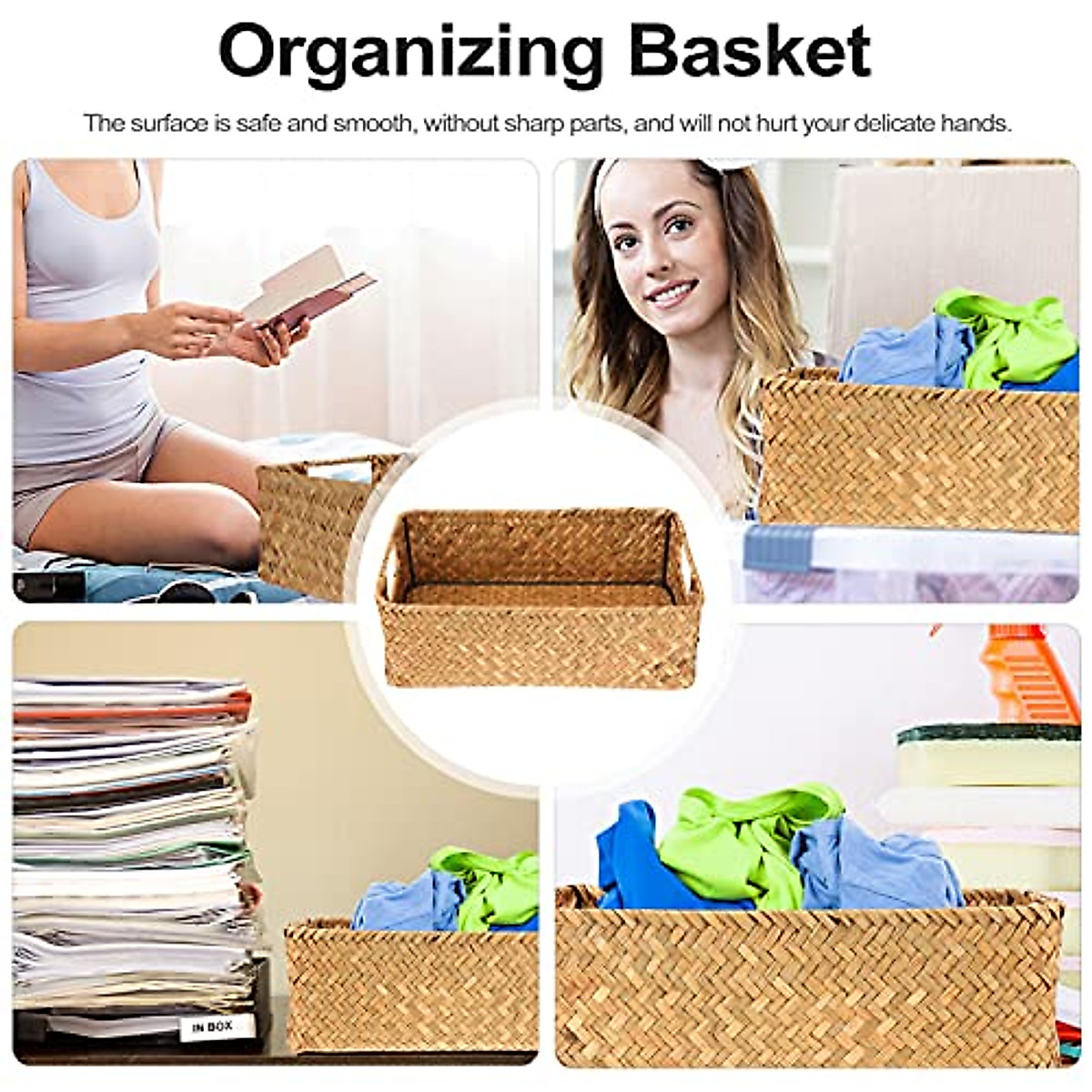 Housoutil 1pc Water Hyacinth Storage Baskets, Woven Basket with Carrying Handles, Decorative Rectangular Wicker Basket Storage Box for Nursery, Living Room, Bathroom 11.8x7.8x3.9in.