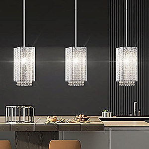 MO&OK 3 Pack Crystal Chandelier Modern Pendent Lights Adjustable Hanging Lighting with Metal Lampshade Rectangle Chandeliers for Kitchen Island Dinningroom,Entrance Living Room H9.8 xD5.2 Chrome