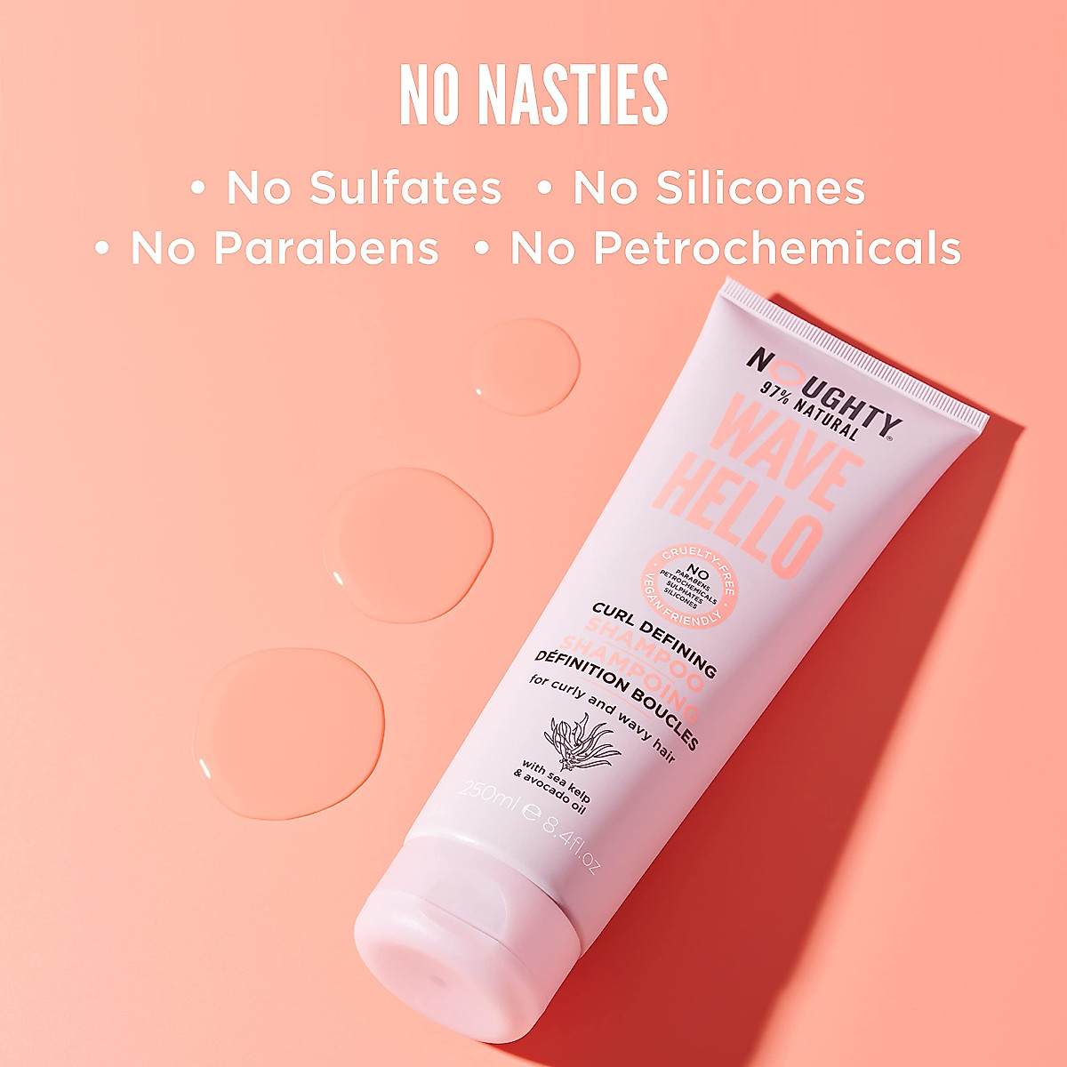 Noughty Wave Hello Curl Defining Shampoo - 97% Natural, Vitamin-Rich Formula for Curly and Wavy Hair, Sulphate-Free Vegan Haircare, 250ml