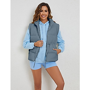 VAOYIU Womens Puffer Vest Adjustable Drawstring Waist Lightweight Quilted Zip Up Vest with Pockets(-Dustyblue-XL)