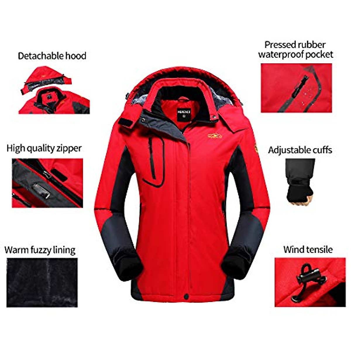 CIOR Women's Mountain Waterproof Ski Jacket Windproof Rain Jacket U119WCFY029,Red,S