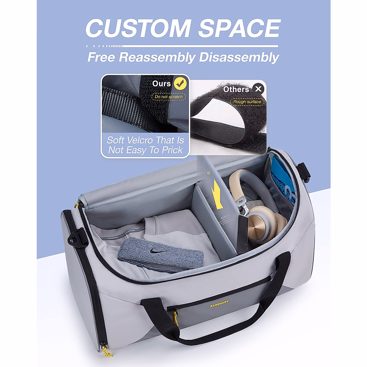 BAGSMART Gym Bag for Women Men, 36L Small Sports Bag With Shoe Bag, Lightweight Weekender Carry On Duffel Bag, Water Resistant Workout Duffel Bags for Traveling - Gray