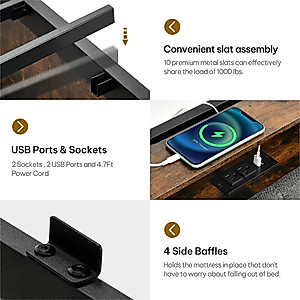 YITAHOME Queen Size Bed Frame with RGB LED Lights and 4 Drawers, Upholstered Platform Bed with Charging Station and Storage Headboard, No Box Spring Needed, Noise-Free, Fast Assembly, Rustic Brown