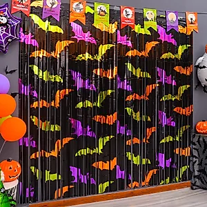 Mega-L Halloween Party Decorations 2 Pack Green Orange Purple Bat Pattern Photo Booth Props, 3.3 X 6.6 ft Halloween Foil Fringe Curtains, Halloween Photo Backdrop Streamers Halloween Party Supplies