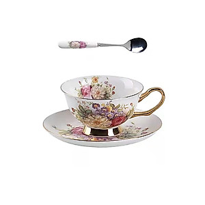 Scizorito Honorable Coffee Cup Mug, Cappuccino, Tea Cup, with Saucer for Latte, Fine Bone Porcelain, Reactive Glaze, 6.8 Oz-1pcs (Flowers in Full Bloom)