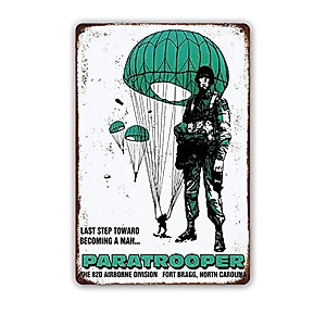 Vintage Tin Sign 82nd Airborne Division Recruitment Poster Photo US Army Recruiter Paratrooper Art Decoration Retro Metal Poster for Home Cabin Bar Store Club Farm 12" X 8"