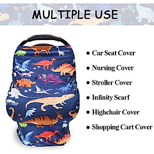 Dinosaur Baby Car Seat Canopy, Soft Plush Dotted Backing Baby Car Seat Cover, Nursing Cover Breastfeeding Scarf, Infant Carrier Cover for Boys and Girls