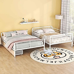 ATY Metal Bunk Bed Full XL Over Queen Size with 2 Drawers, Convertible Sturdy Bedframe w/Ladder and Guardrail, Can Seperated into 2Beds,No Box Spring Needed, for Kids, Teens, Adults, White