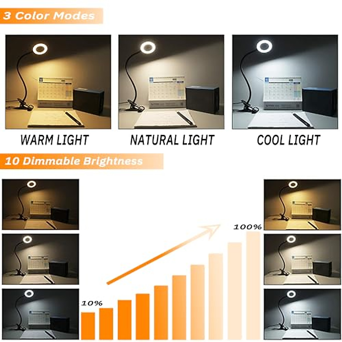 Lypumso Desk Lamp with Adapter, LED Reading Lamp Clip on Light, 3 Color Modes 10 Dimmable Brightness, Perfect Clamp Lamp for Home Office Studying Working Makeup Craft