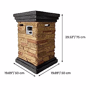 Teamson Home 40,000 BTU Square Slate Rock Look Steel Outdoor Fire Pit Pillar Outside Propane Gas Firepit with 6.6 Pounds Lava Rocks and PVC Cover for Patio Garden Backyard, 20 Inch, Brown