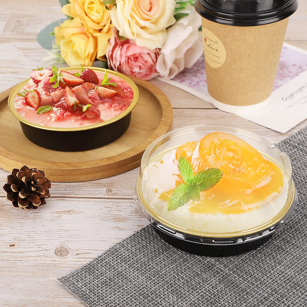 Beasea Aluminum Cupcake Pans With Lids, 4 Inch 50 Pack Disposable Pie Pans For Cake, 8 Oz Aluminum Pie Pan Tin Black Golden Tart Pans Round Oven Baking Mini Cake Pan For Pie Tart Quiche