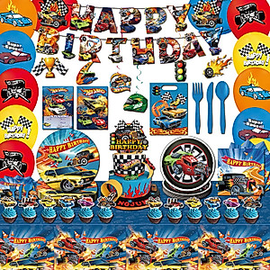 147 Pcs Hot Car Birthday Party Supplies,Included Banner,Hanging Swirls,Tablecloth,Cake Topper,Cupcake Toppers,Gift Bag, Invitation Card,Balloon,Racing Car Tableware Set for Boy Party Decorations