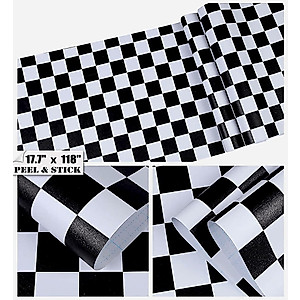 JZ·HOME 1339 Black White Mosaic Trellis Peel and Stick Wallpaper 17.7"x 9.8ft Square Lattice Self-Adhesive Checkered Contact Paper Shelf Liner Kitchen Backsplash Home Decor