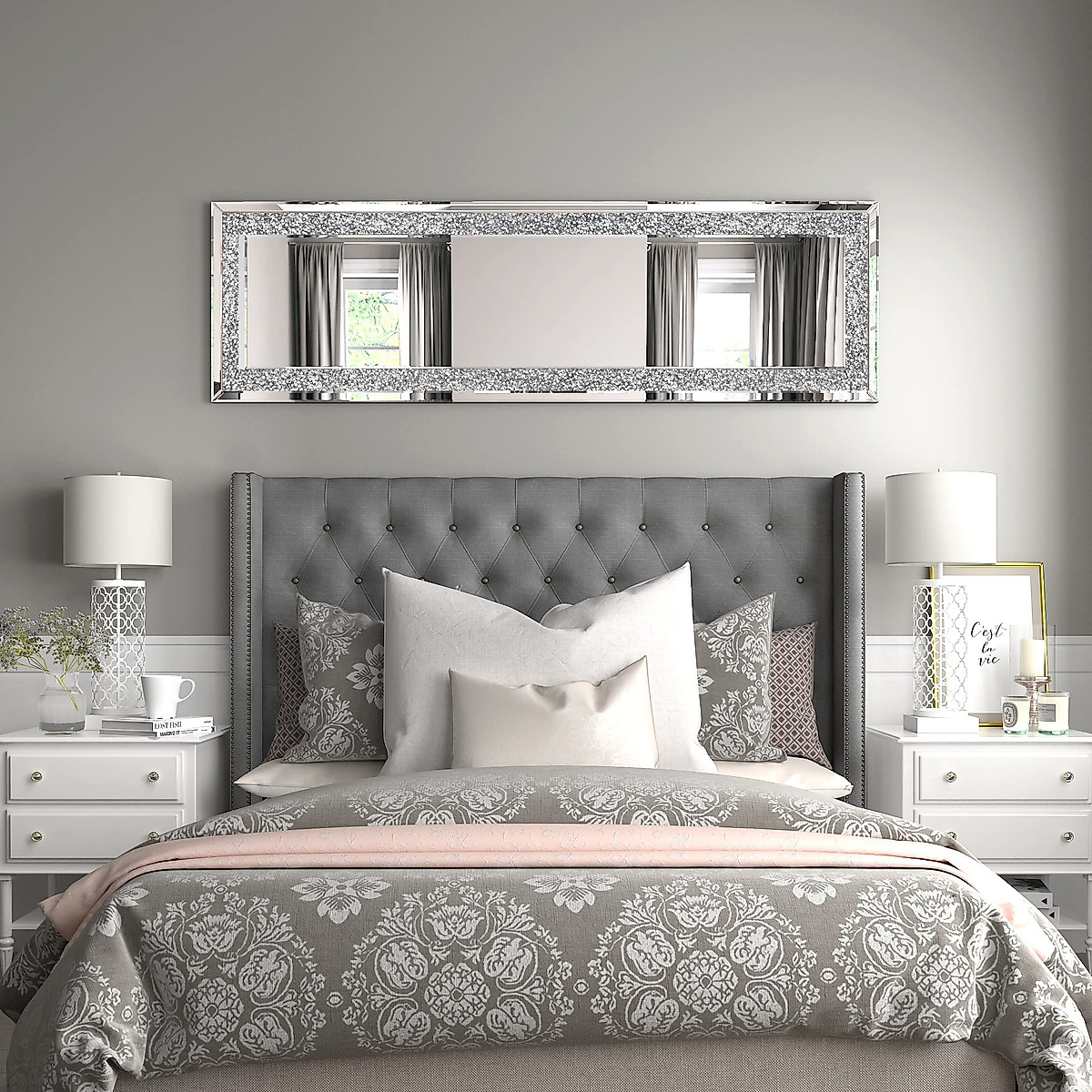 MUAUSU Crystal Full Length Floor Mirror- 59"×18" Crushed Diamond Full Body Mirror Silver Long Standing Mirror for Bedroom Living Room Bathroom Wall Mounted