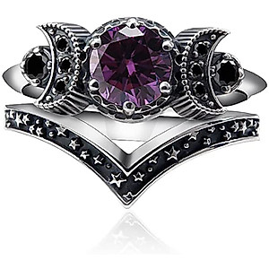 Fuqimanman2020 Wicca Pagan Triple Moon Godness Band Ring Set Purple Crystal Cresent for Women Wedding Engagement Promise Jewelry-9