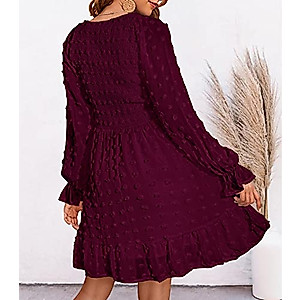 BTFBM Women Long Sleeve V Neck Smocked Short Dress Flowy Casual SwissDot Ruffle Mini Babydoll Summer Fall Dresses 2023(Solid Wine Red, Large)