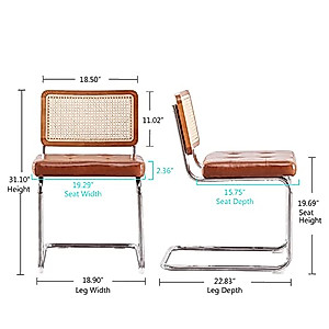 QQXX Rattan Dining Chairs Set of 2,Mid Century Modern Kitchen & Dining Room Chair with Cane Backrest,Comfy Leather Upholstered Accent Desk Chair with Metal Legs(23.83" D x 16.35" W x 34.07" H, Black)