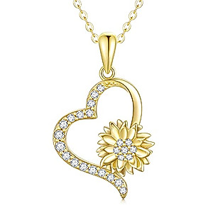 Solid 14k Gold Sunflower Heart Necklace for Wome, Real Gold Flower Necklace You are May Sunshine Necklace Love Jewelry Gifts for Wife, Mom, 16''-18''