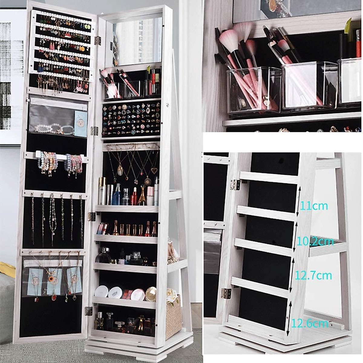 SDHYL 360° Rotating Full-Length Mirror Jewelry Cabinet - Standing Mirror with Jewelry Storage, Makeup Organizer & Lock, 63"x15", Perfect for Girls, Women, and Home Decor