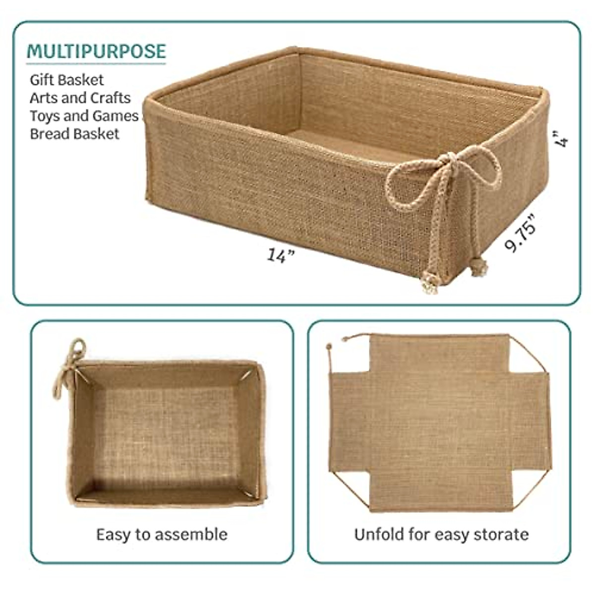 Decorative Basket Rectangular Burlap Fabric Storage Bin Collapsible Organizer for Home, Decor and Gifts (Large 14 x 9.75 x 4 inches)