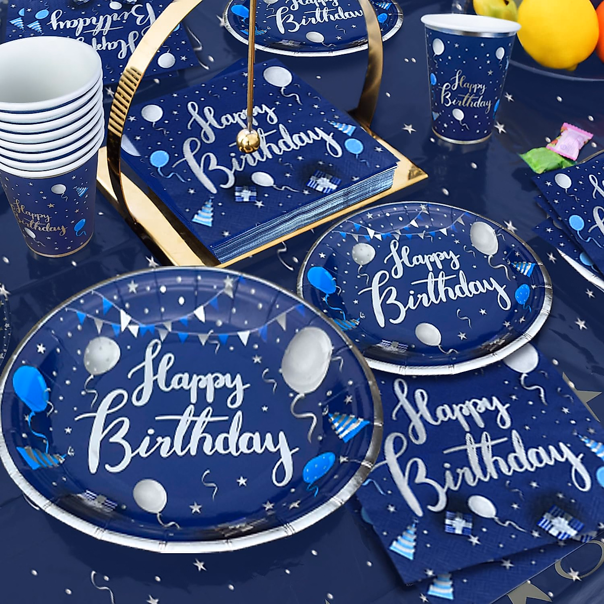 Navy Blue Birthday Party Decorations with Silver Stamped Tableware Set includes; Starry Theme Tablecloth, 9" and 7" Plates, Cups, Napkins, Utensils and Happy Birthday Banner -24 Guest