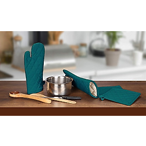 Native Fab Pot Holders and Oven Mitts Sets for Kitchen Heat Resistant - Hanging Non-Slip - 100% Cotton Kitchen Oven Mitts and Pot Holders 4-Piece Set - Teal