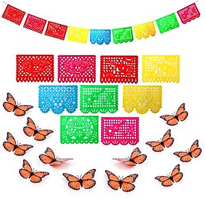 Mexican Party Banner Artificial Monarch Butterfly Plastic Day of The Dead Papel Picado and Halloween Fake 3D Monarch Butterfly for Mexican Party Day of The Dead Party Favors