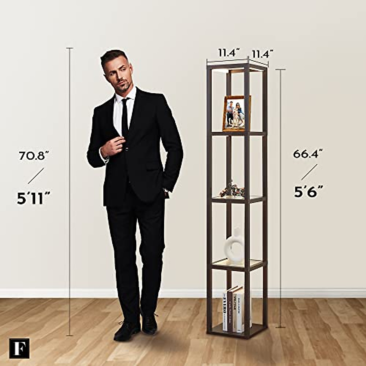 FENLO Fantasy 66" Luxury Glass Display Shelf with Dimmable LED Floor Lamps, Sturdy Glass Shelves for Bedroom, Curio Cabinet with Glass Bookshelf Display Case, Floor Lamp with Shelves - Brown