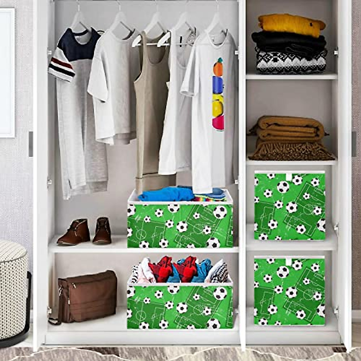visesunny Rectangular Shelf Basket Football Gate and Soccer Ball Clothing Storage Bins Closet Bin with Handles Foldable Rectangle Storage Baskets Fabric Containers Boxes for Clothes,Books,Toys,Shelves