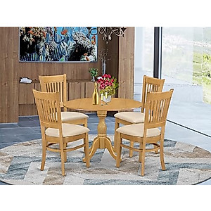 East West Furniture DMVA5-OAK-C 5 Piece Kitchen Table Set for 4 Includes a Round Dining Room Table with Dropleaf and 4 Linen Fabric Upholstered Dining Chairs, 42x42 Inch, Oak