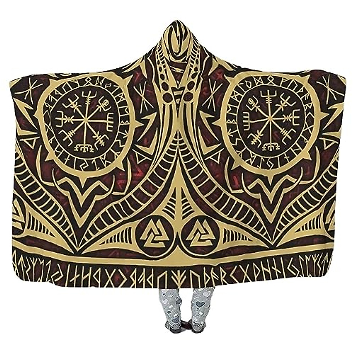 Medieval 3D Printing Hooded Blanket Warm Vegvisir Compass Celtic Knot Unisex Winter Wearable Hooded Blanket Double Layer Thick Plush Fleece Blanket Cape (Color : A, Size : 80x60in/150x200cm)