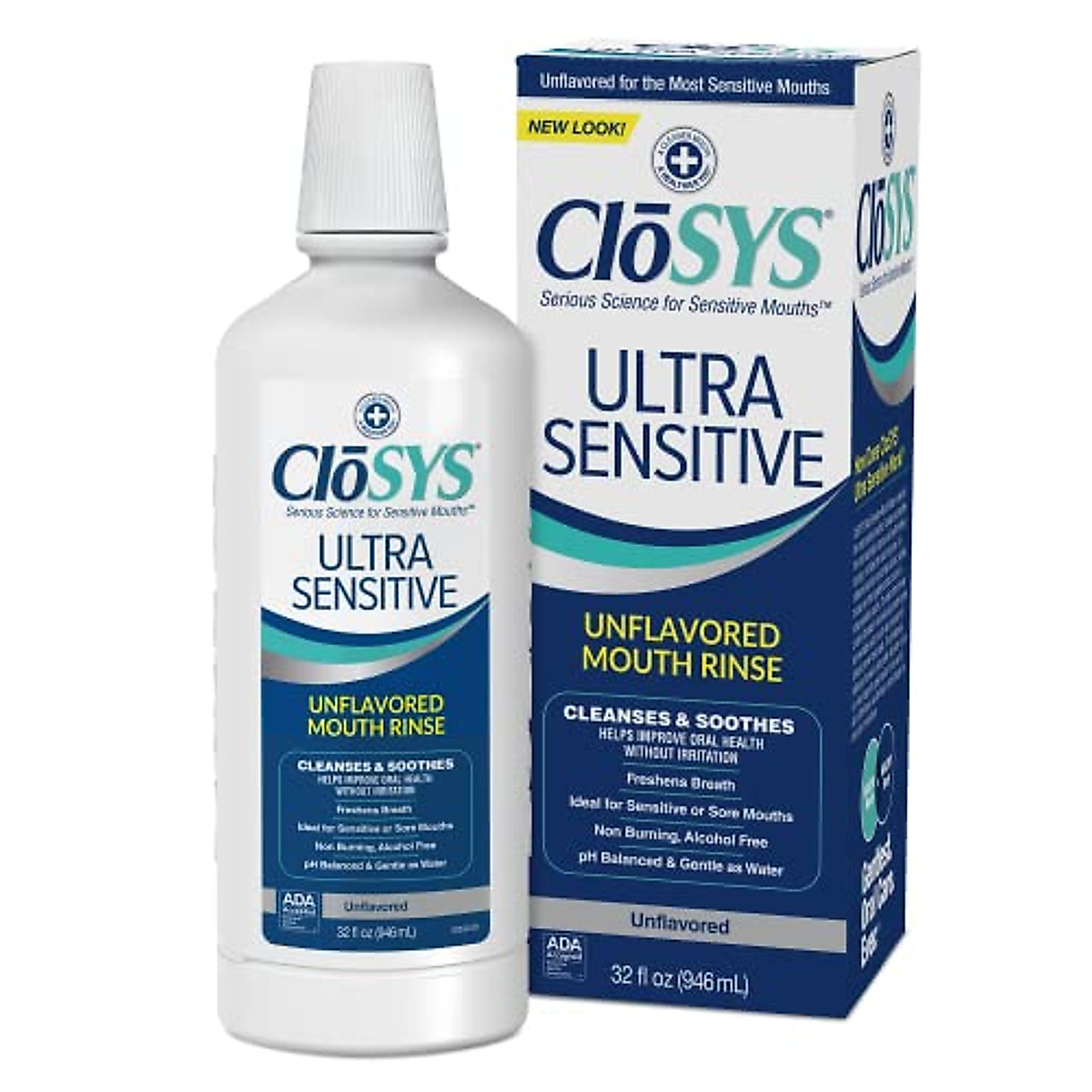 CloSYS Ultra Sensitive Mouthwash, 32 Ounce (Pack of 2), Unflavored (Optional Flavor Dropper Included), Alcohol Free, Dye Free, pH Balanced, Helps Soothe Entire Mouth