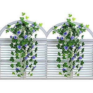 Yimeezuyu Artificial Vines 2pcs Artificial Morning Glory Trumpet Flower Vine Fake Green Plant Home Garden Wall Fence Outdoor Wedding Hanging Baskets Decor