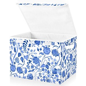 Doterii Blue Chinoiserie Blooming Flowers Storage Bin with Lid Fabric Foldable Cube Baskets Closet Toy Organizer