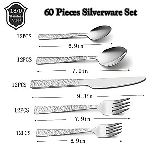 Hammered Silverware Set, HaWare 60-Piece Stainless Steel Flatware Set for 12, Modern Eating Utensils Tableware Cutlery Set for Kitchen Hotel Restaurant Party, Mirror Polished - Dishwasher Safe
